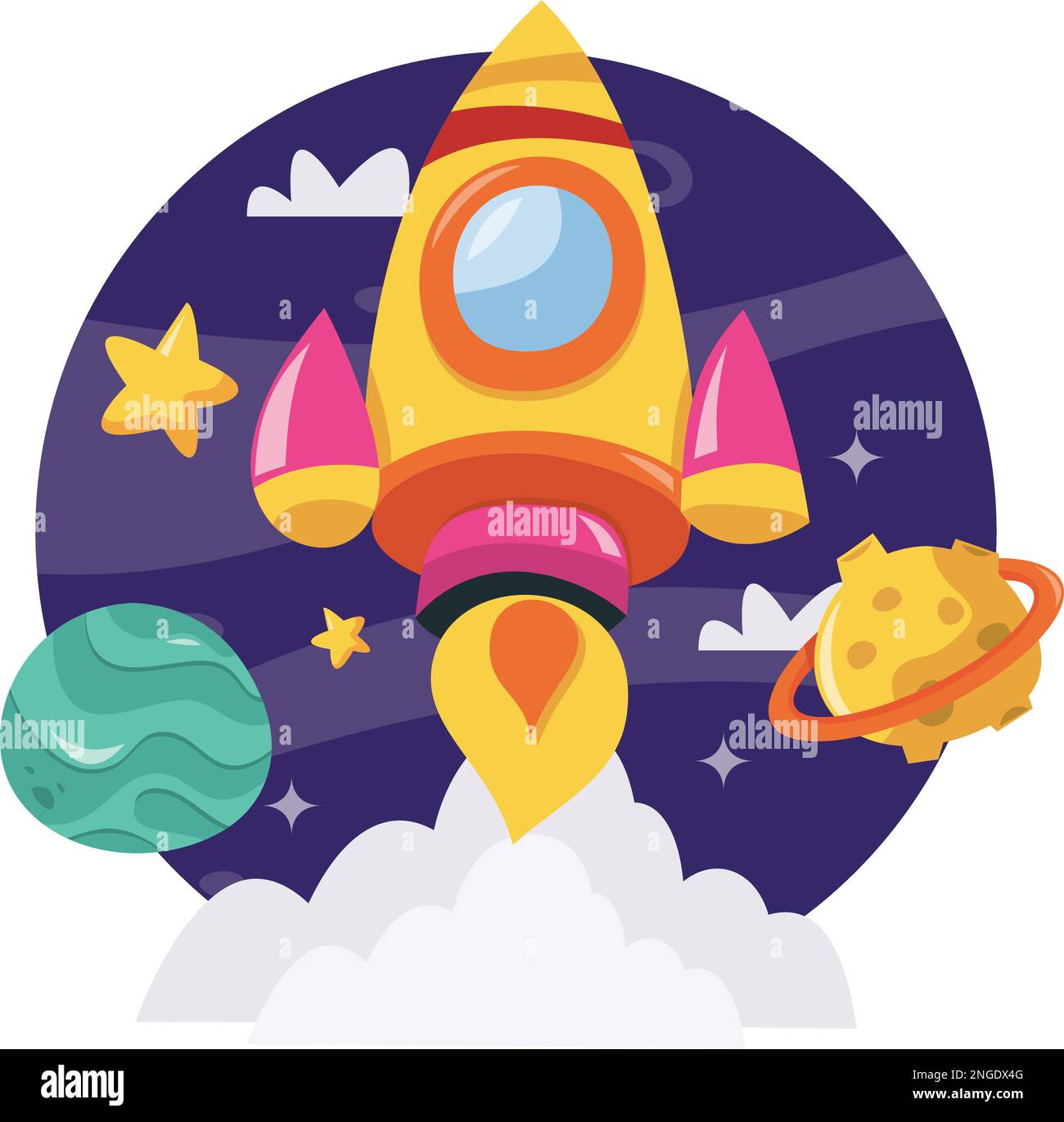 A cartoon vector illustration of a super cute yellow rocket against a ...