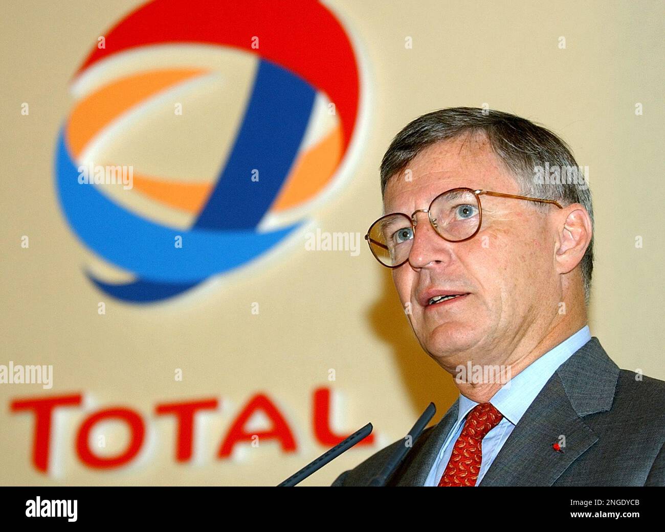 Thierry Desmarest, chairman of French energy giant Total, holds a press ...