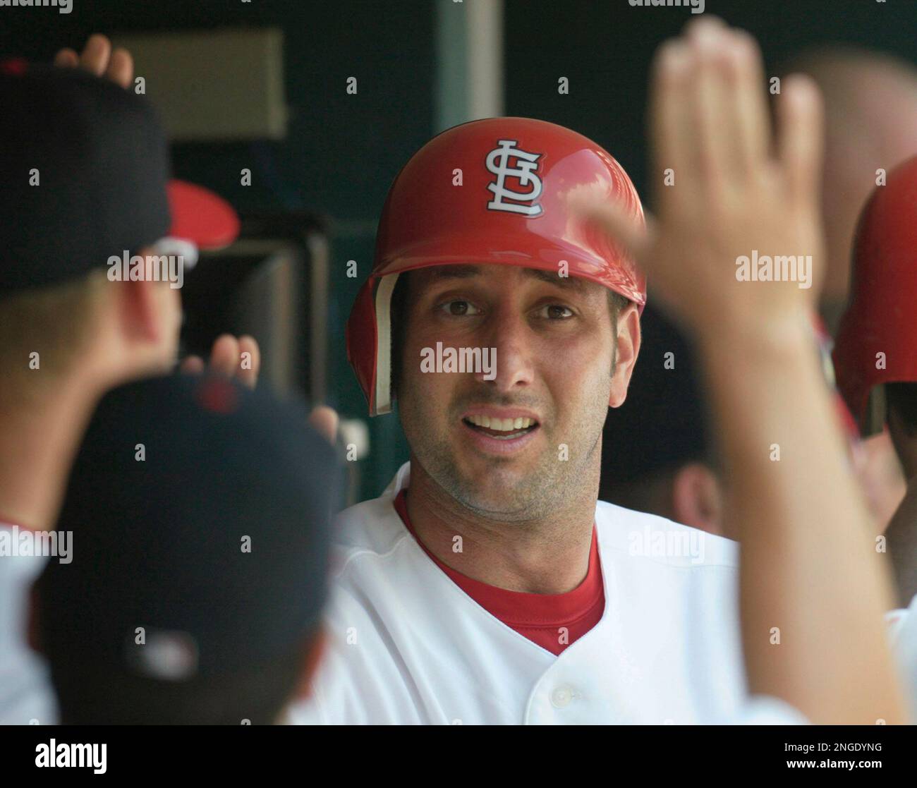 St. Louis Cardinals John Mabry celebrates with teammates in the dugout ...