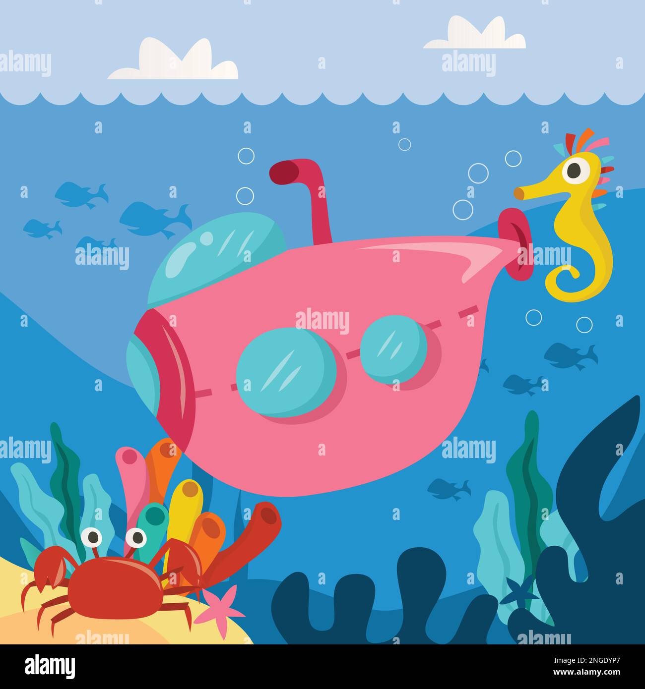 A cartoon vector illustration of a pink submarine underwater Stock ...