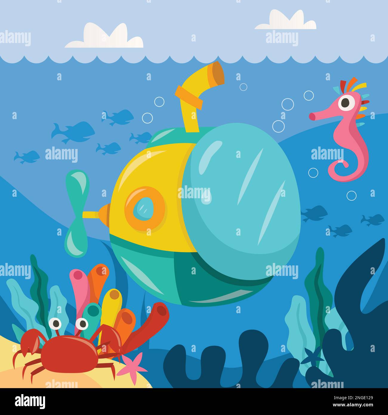 A cartoon vector illustration of an aqua submarine underwater Stock ...