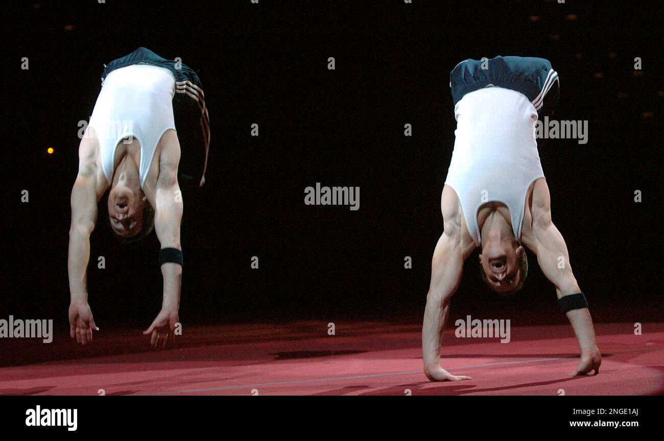 Olympic gold medal gymnast Paul Hamm, right, and his twin brother, Morgan Hamm, perform together ...