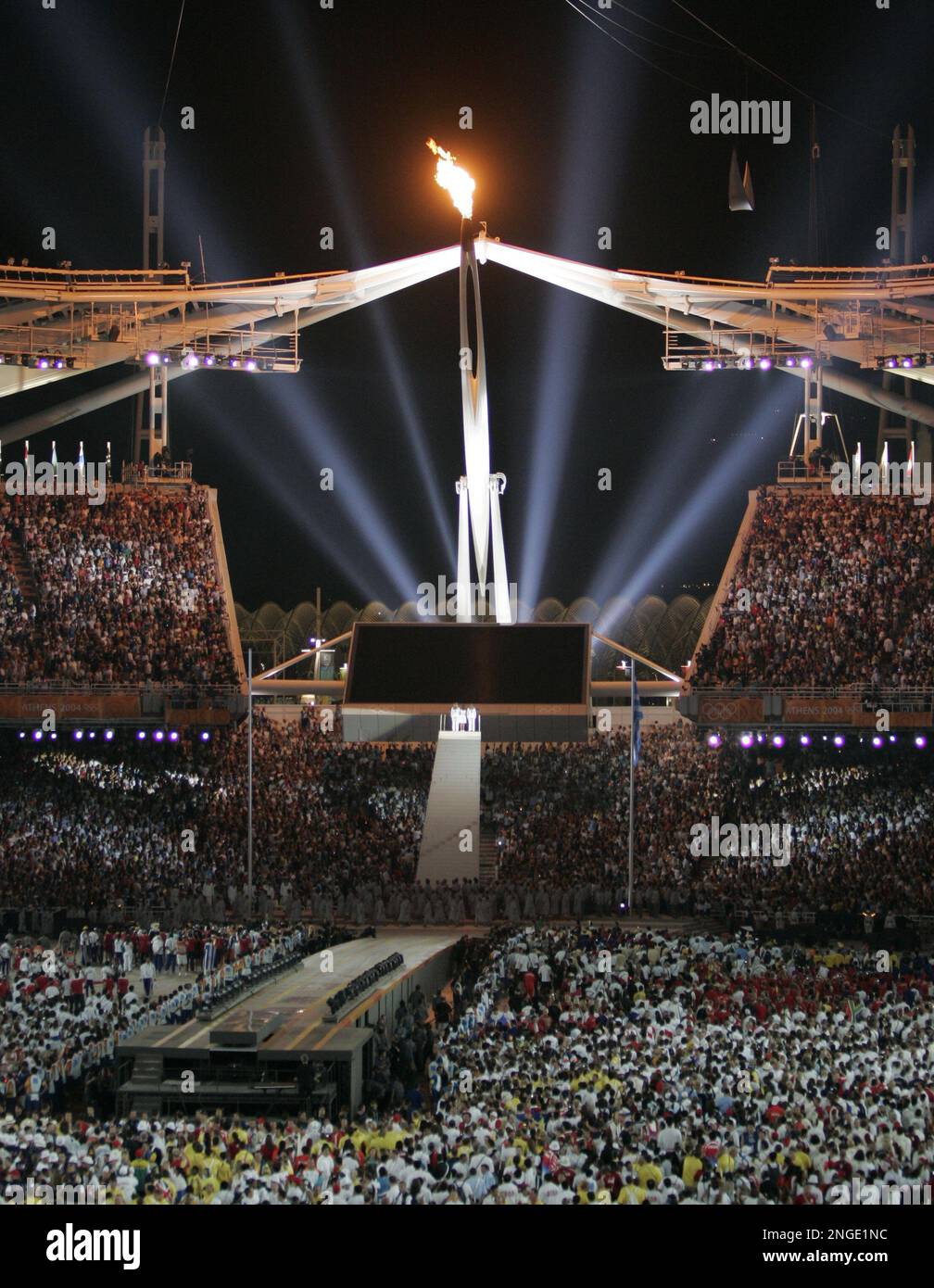 The Olympic flame burns from the cauldron just before being extinguished during the closing ...