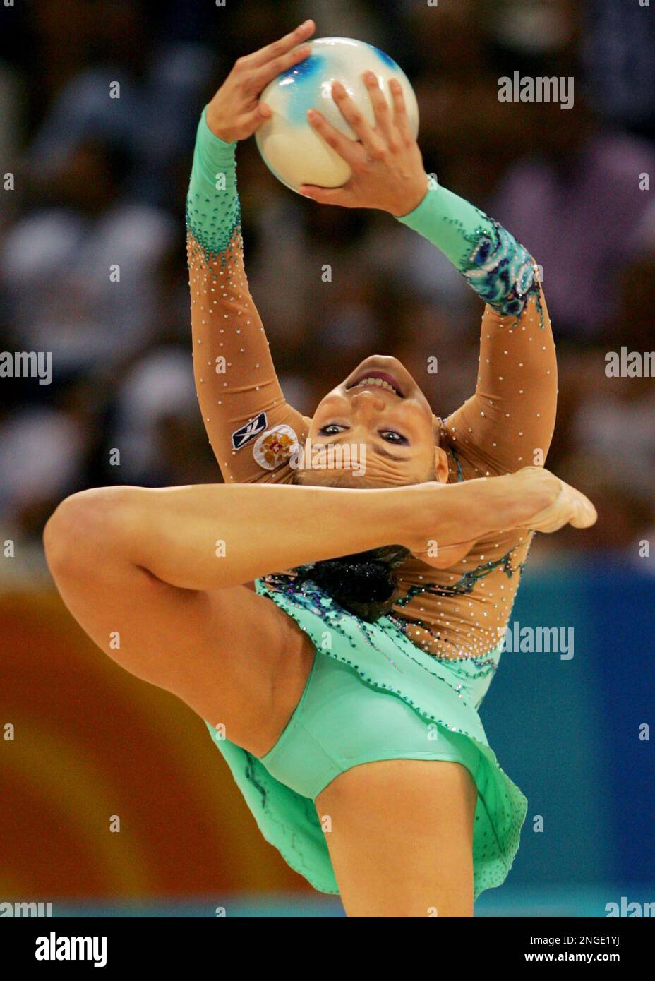 Russia's Alina Kabaeva performs with a ball during the final of the individual all-around ...