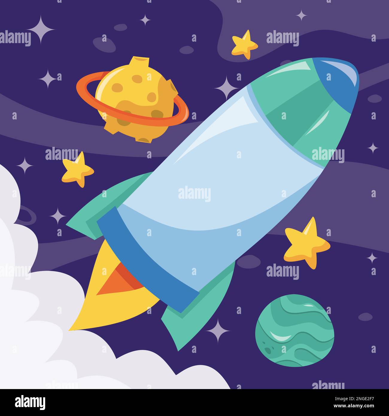 A cartoon vector illustration of a super cute blue rocket blasting off ...