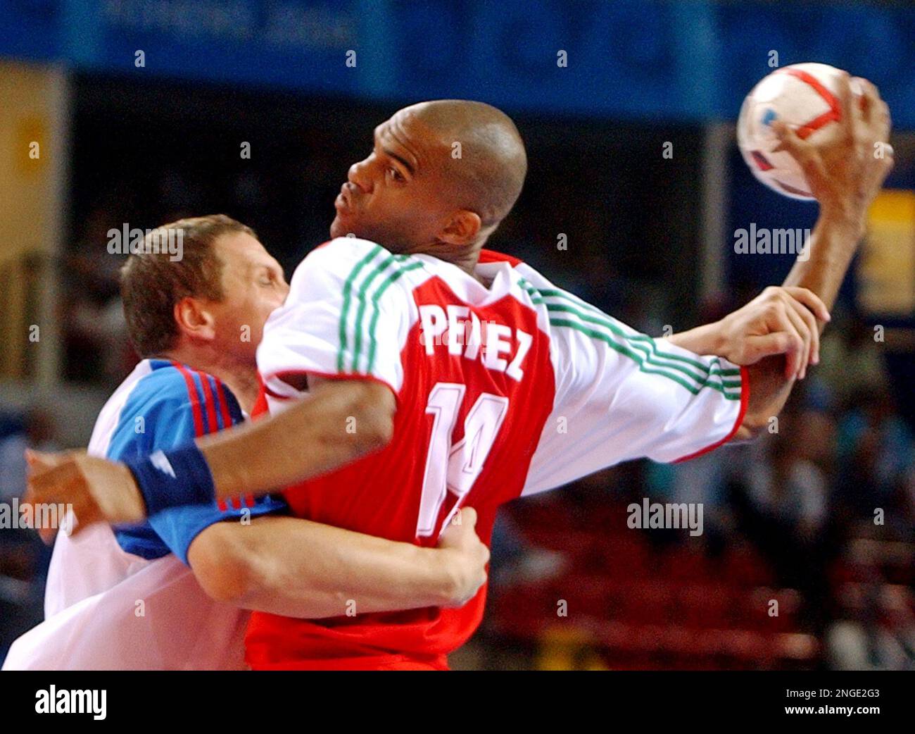 Russia's Viatcheslav Gorpichin, left, stops Hungary's Carlos Perez ...