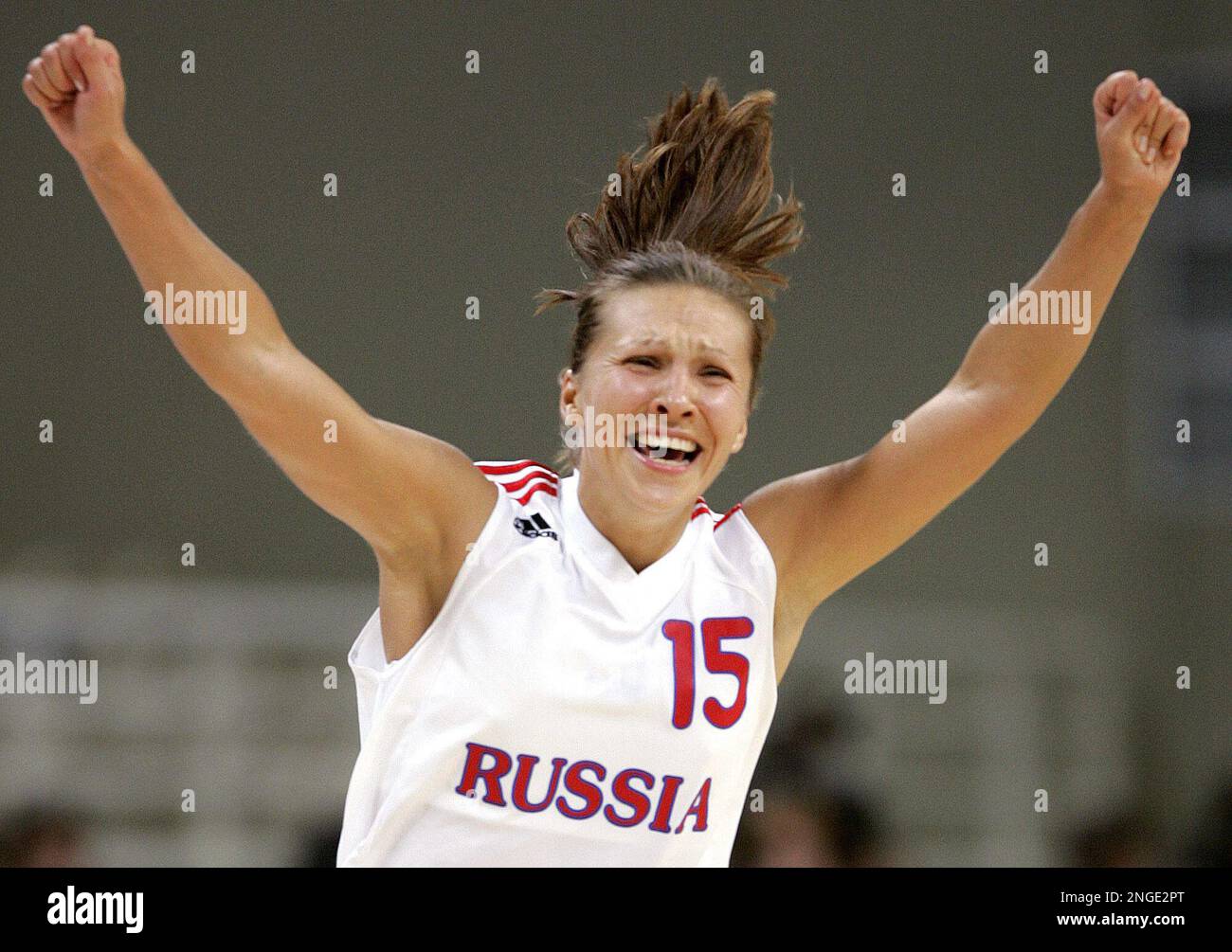 Russia's Anna Arkhipova (15) celebrates at the end of a 71-62 win over ...