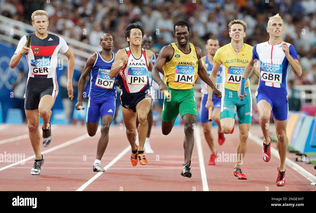 Running in a heat of the 4 x 400 relay are, left to right, Germany's ...