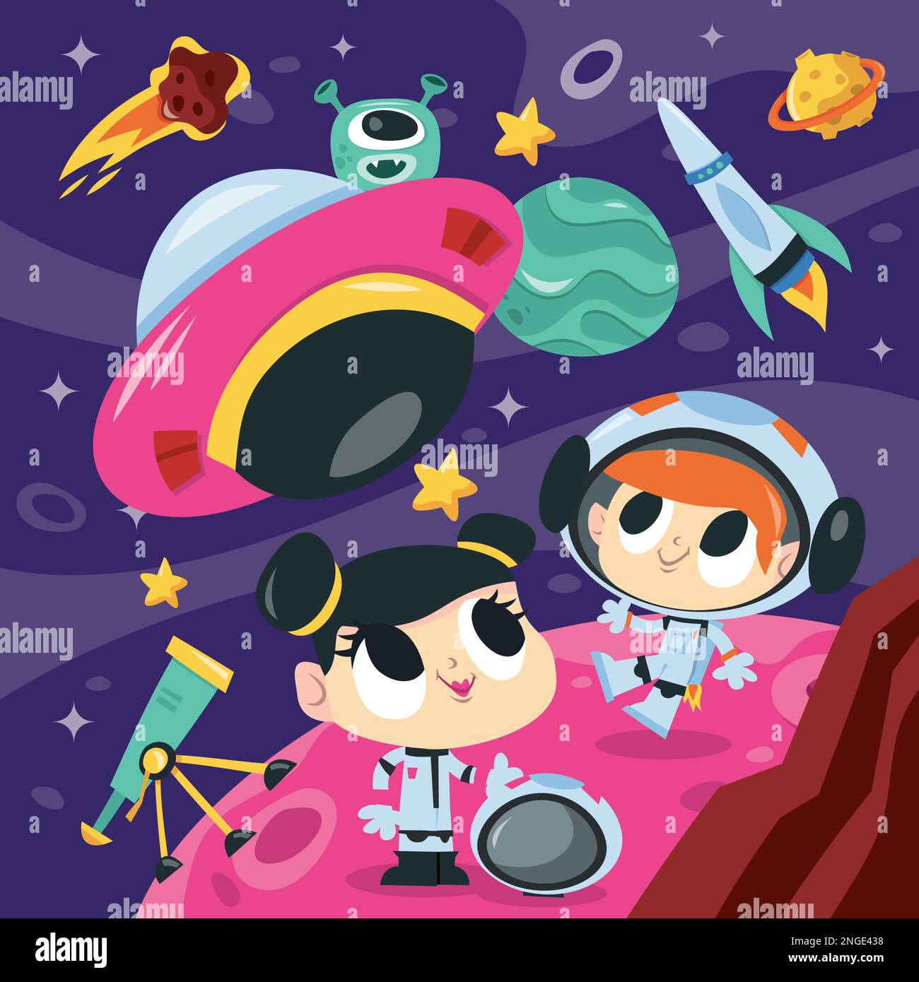 A cartoon vector illustration of a group of astronaut kids in Mars ...