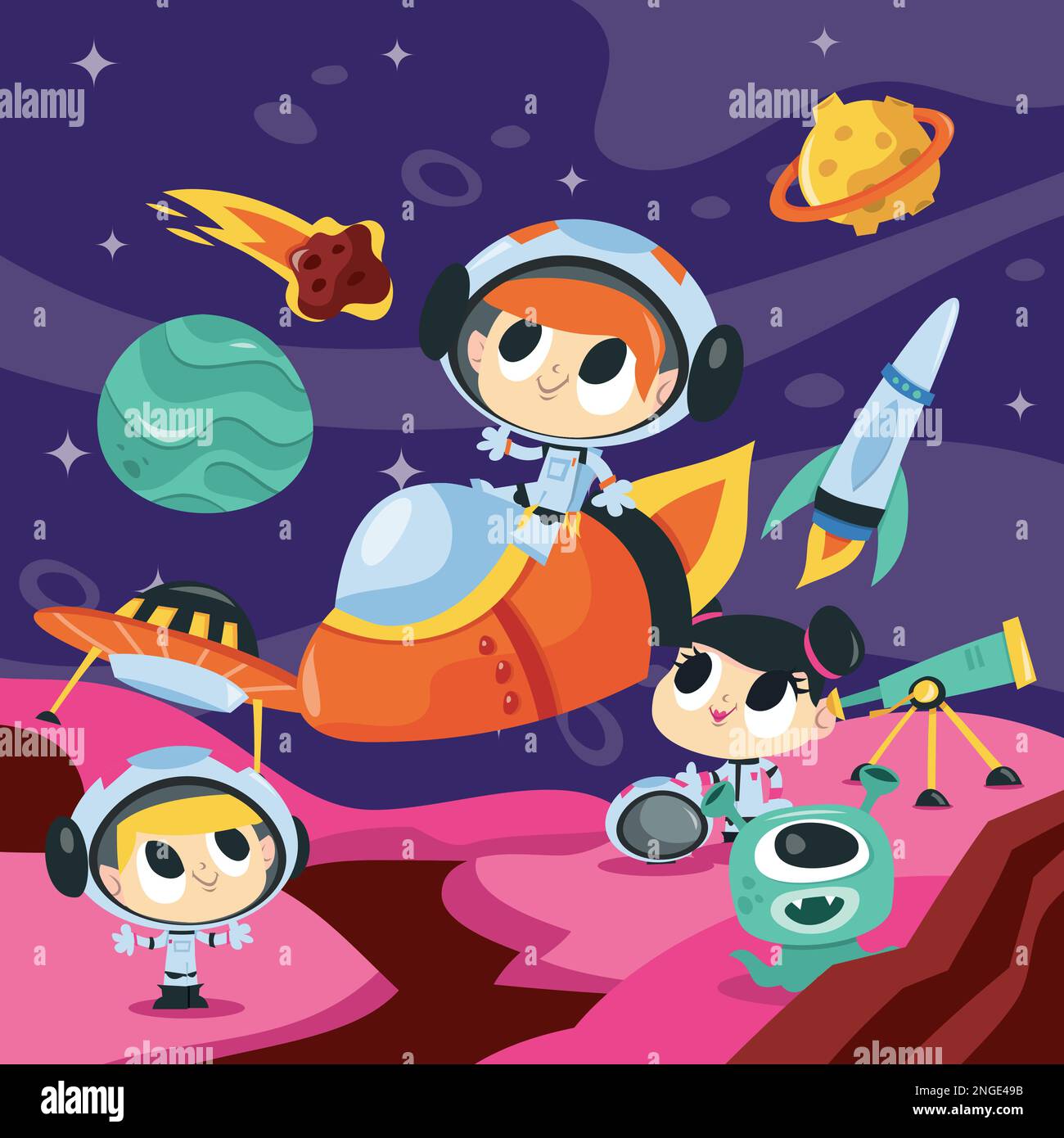A cartoon vector illustration of a group of astronaut kids doing space ...