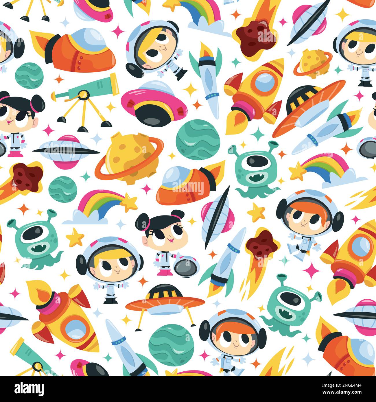 A cartoon vector illustration of super cute space adventure seamless ...
