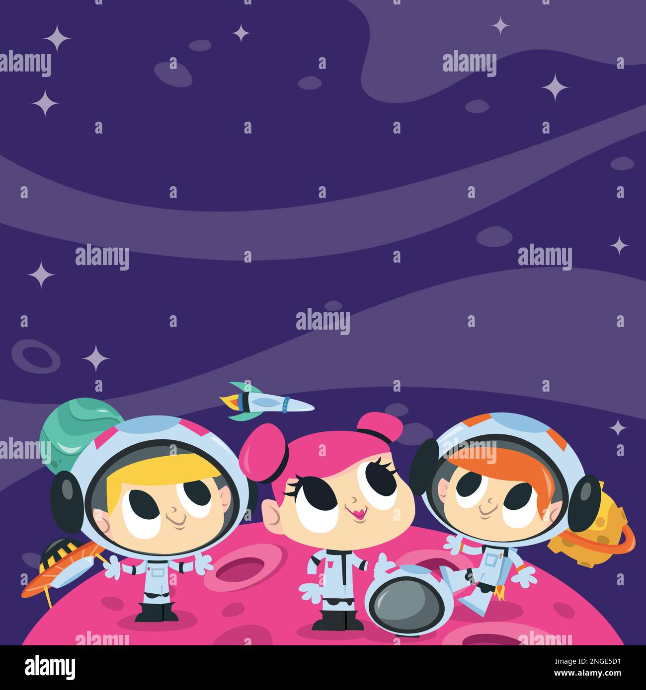 A cartoon vector illustration of a group of astronaut kids in space ...