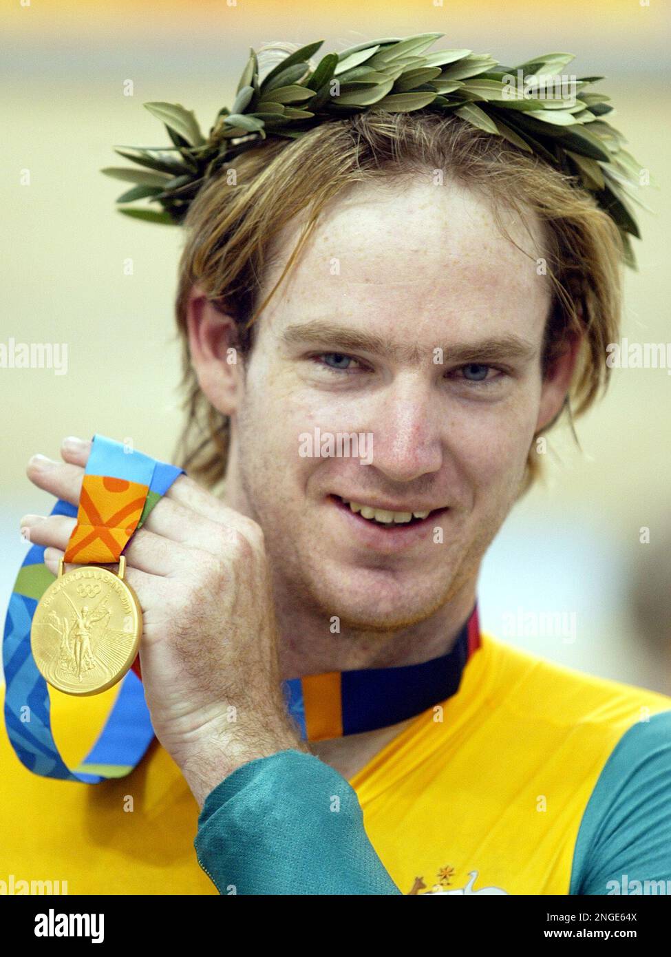 Australia's Ryan Bayley shows his gold medal after the men's sprint ...