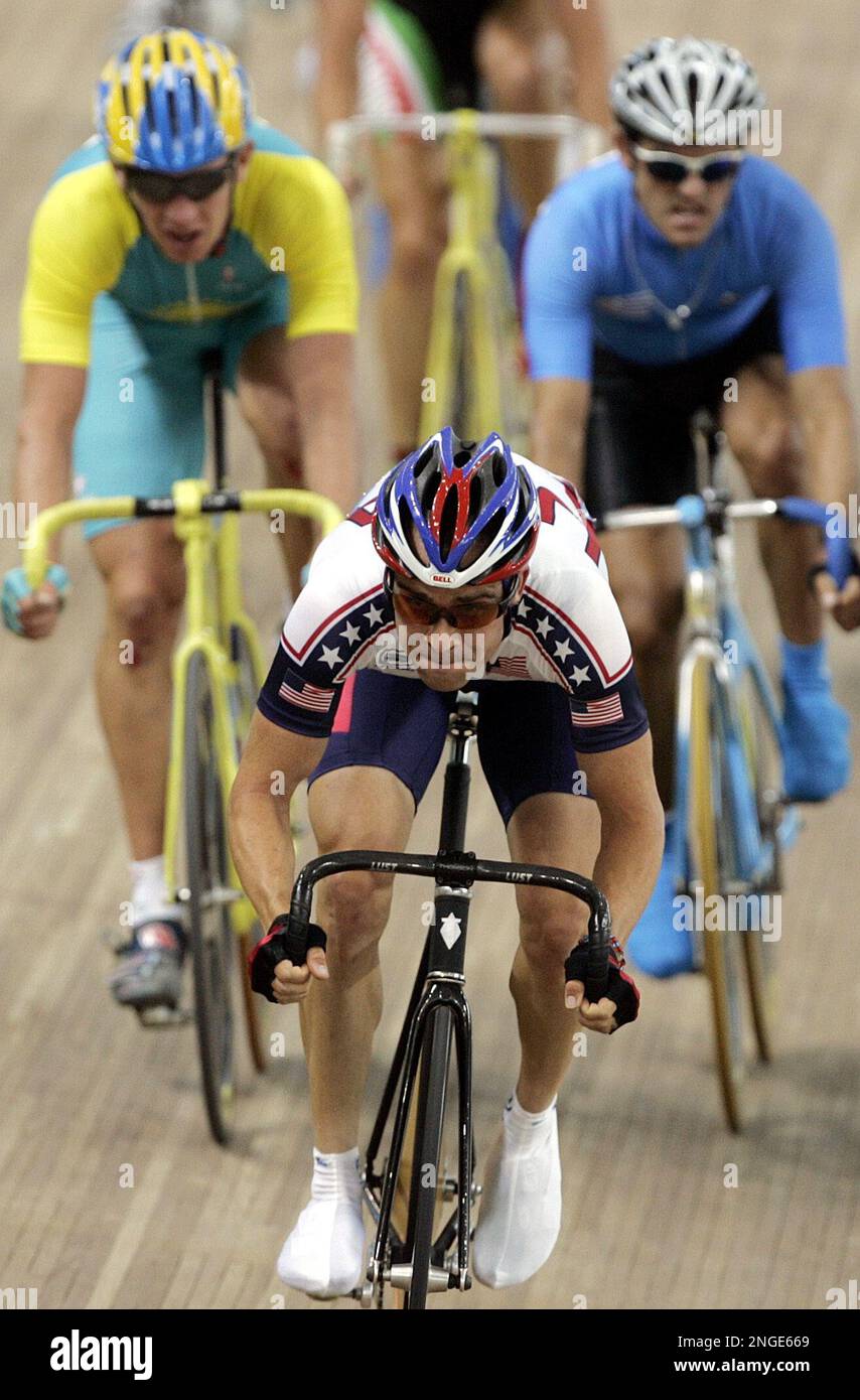 Colby Pearce, of the US, sprints during the men's point race at the ...