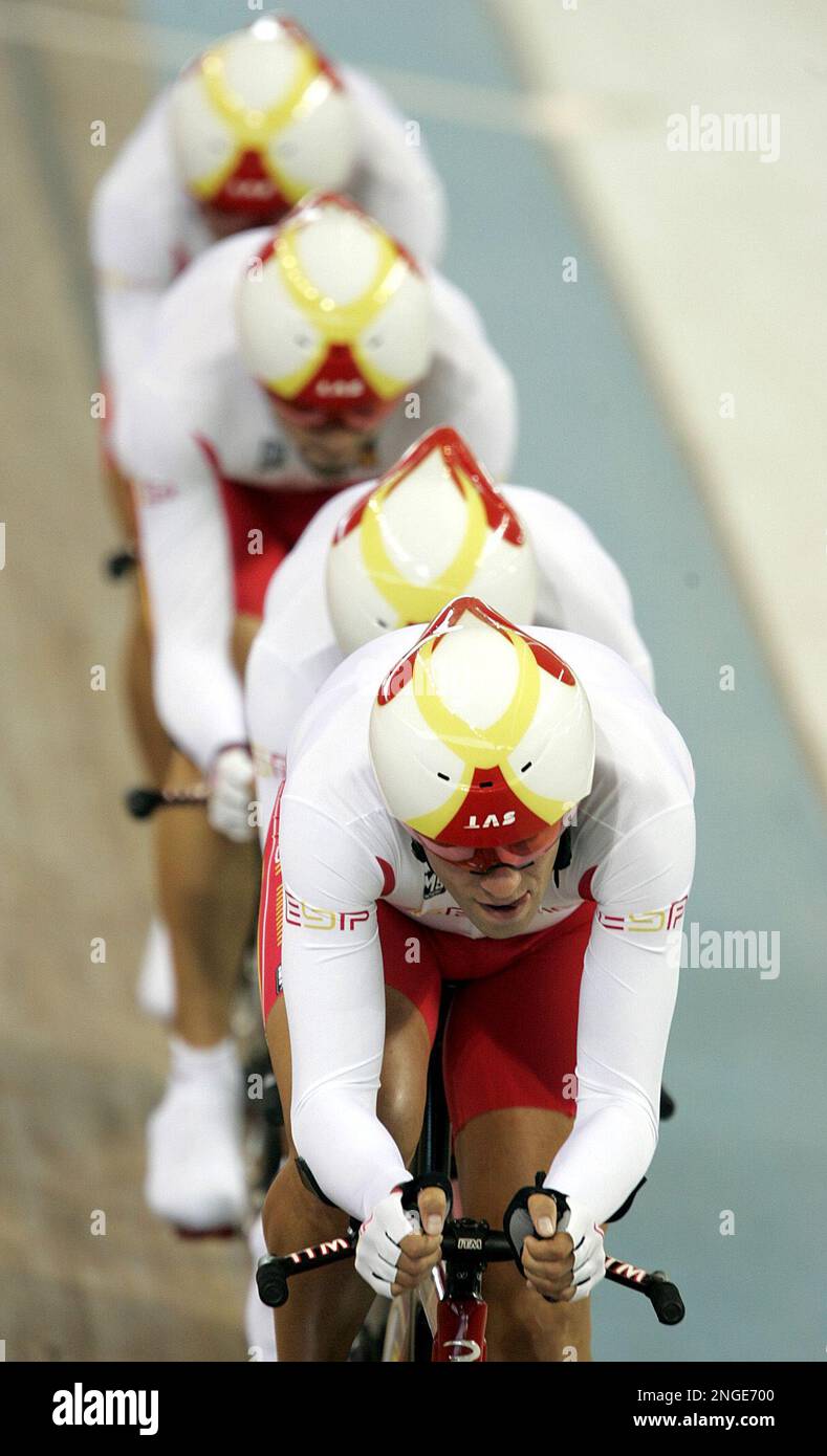 Spain's team pedals on its way to win the bronze medal during the men's ...