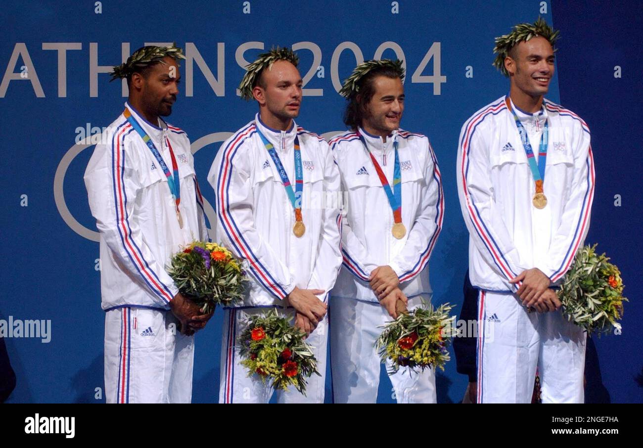 From left to right, France's gold medalists Jerome Jeannet, Hugues Obry ...