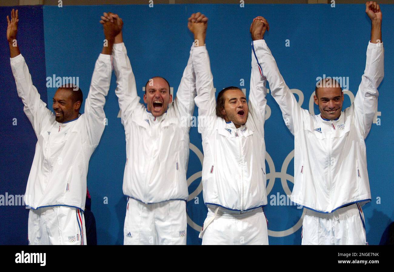 France's gold medalists Jerome Jeannet, Hugues Obry, Eric Boisse and ...