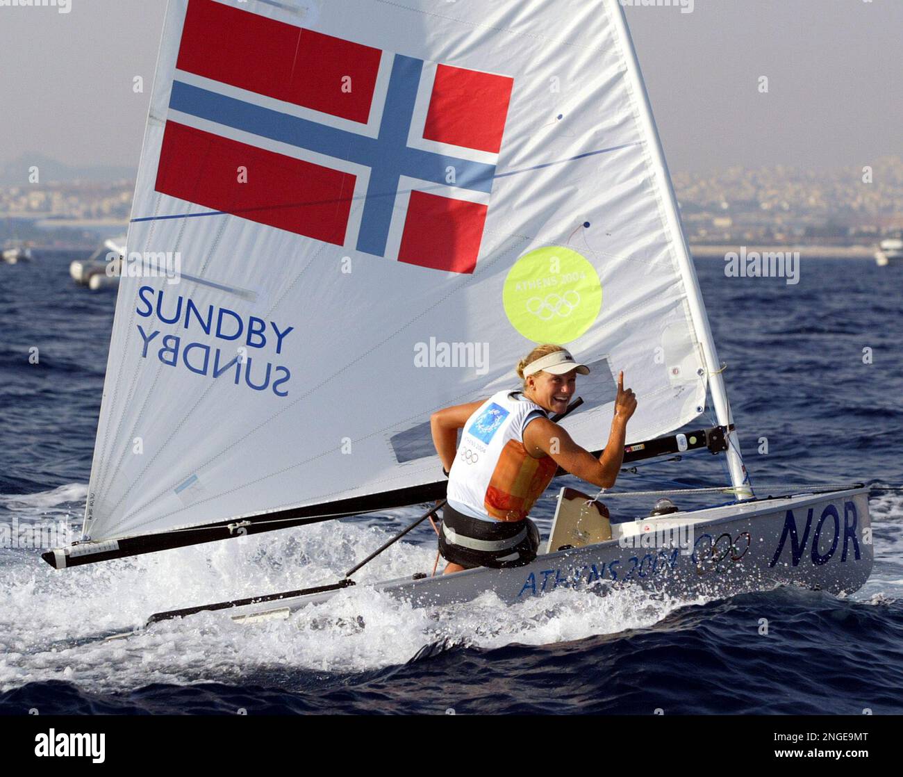 Norway's Siren Sundby celebrates as she is towed back to the sailing ...