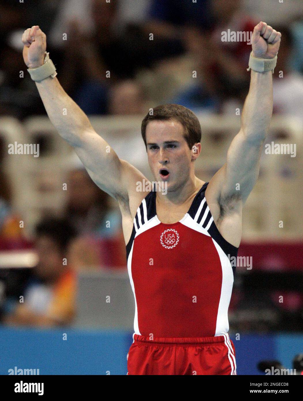 Morgan Hamm of the United States reacts after finishing his routine in ...