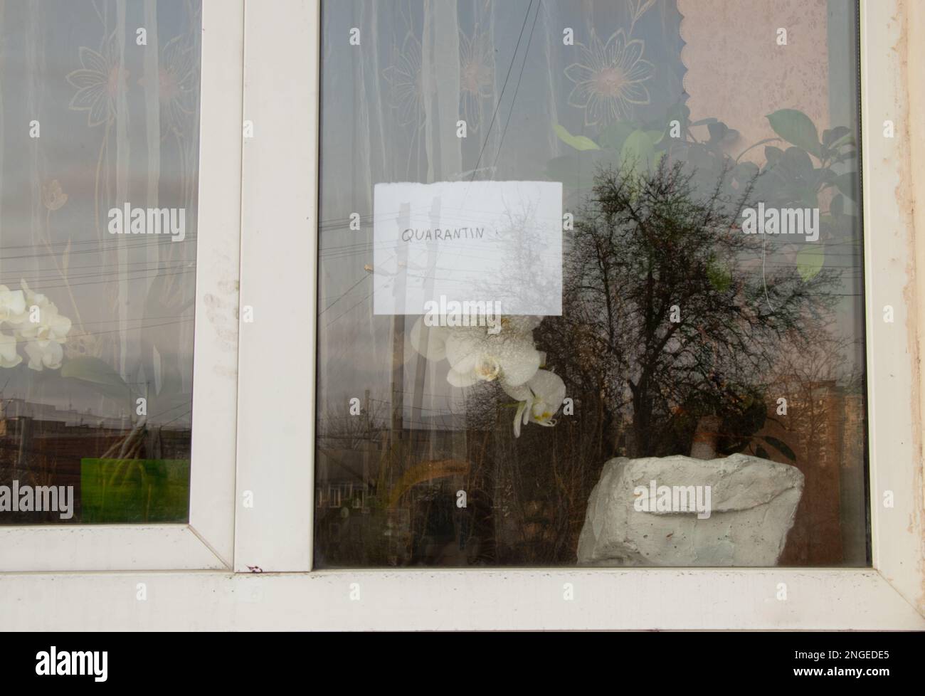 quarantine word in English written by hand hanging on a window of a ...