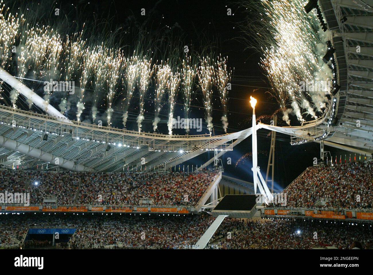 Fireworks explode at the conclusion of the Opening Ceremony of the 2004 ...