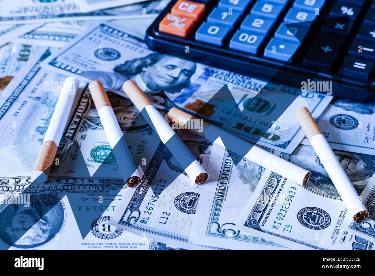 Concept of smoking cost. Cigaretes on a dollars background and black ...