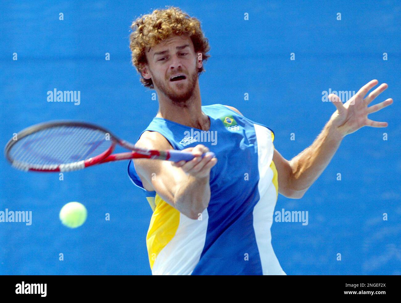 Brazil's Gustavo Kuerten hits the ball whilst practicing for the ...