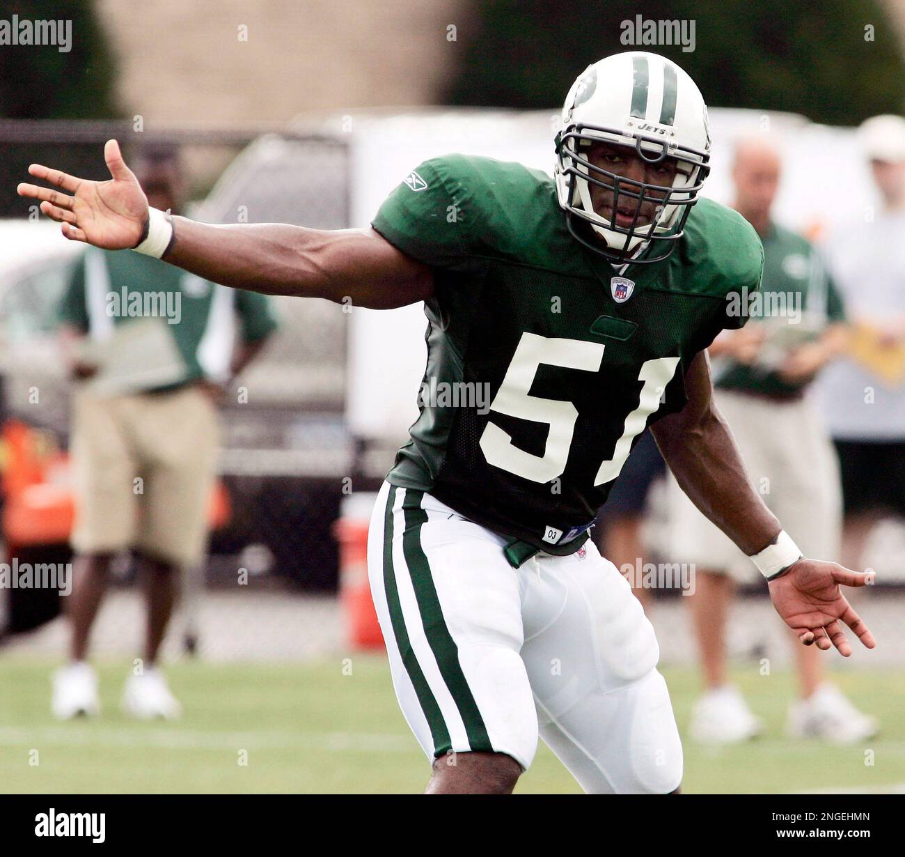 New York Jets linebacker Jonathan Vilma reacts during training camp in ...