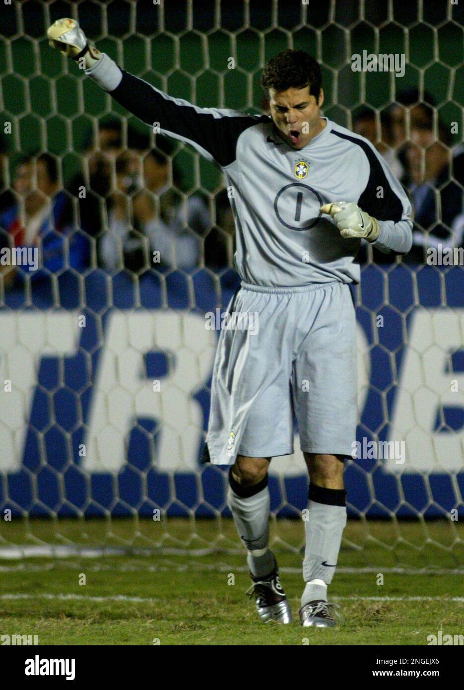Julio Cesar, goalkeeper of Brazil, reacts after saving a penalty by ...