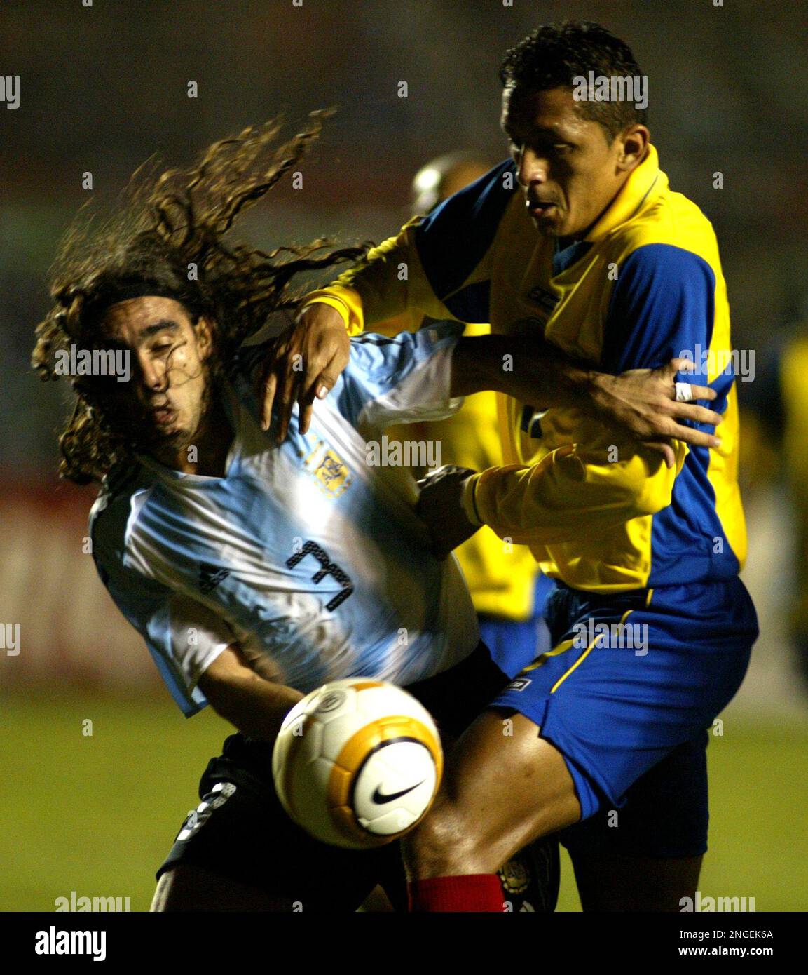 Juan Pablo Sorin of Argentina, fights for the ball with Jairo Patino of ...