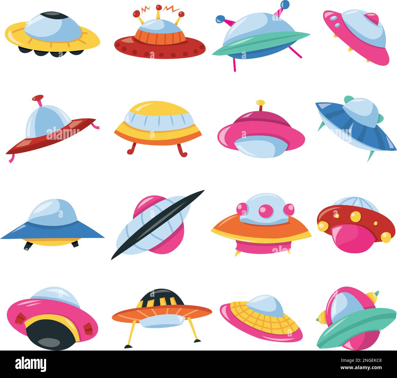 A cartoon vector illustration of various colorful UFOs or flying ...
