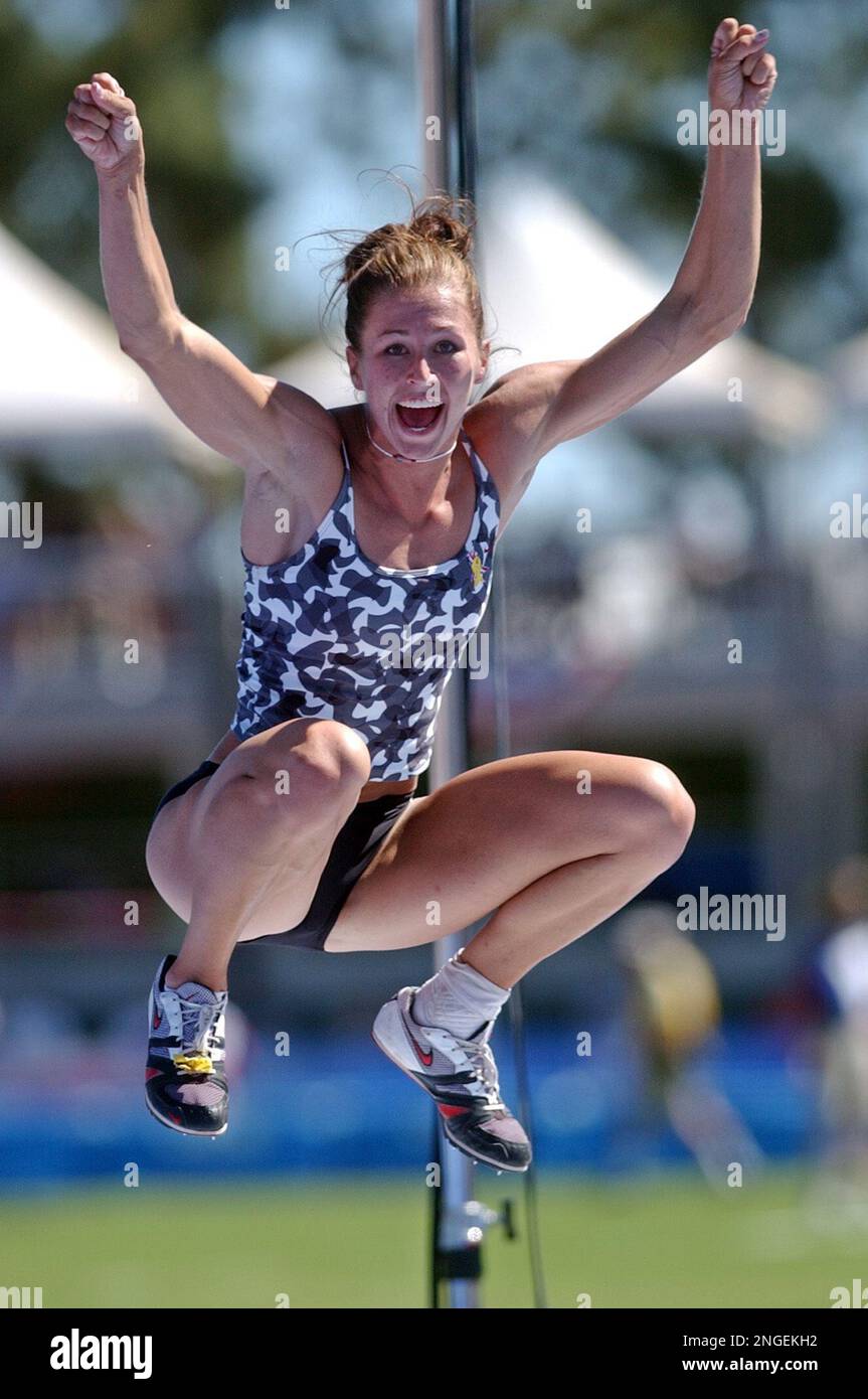 April Steiner reacts after a successful vault in the pole vault final ...