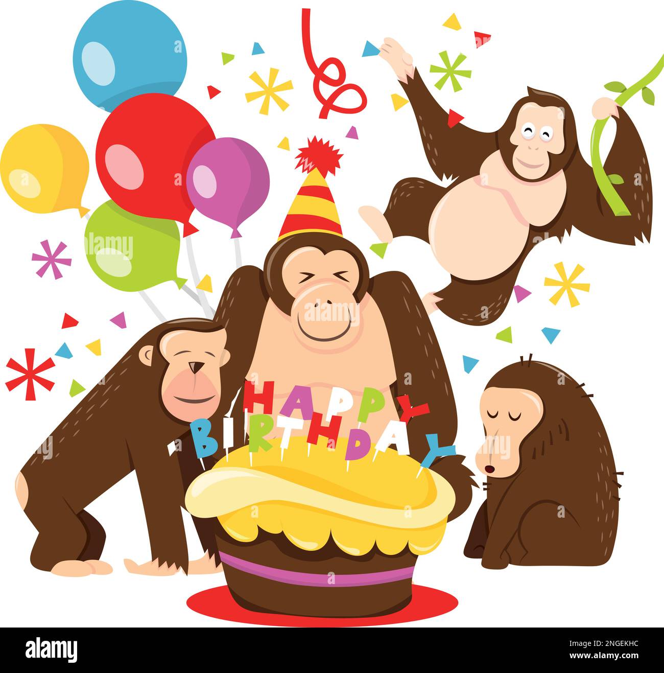 A cartoon vector illustration of a group of monkeys having a birthday ...