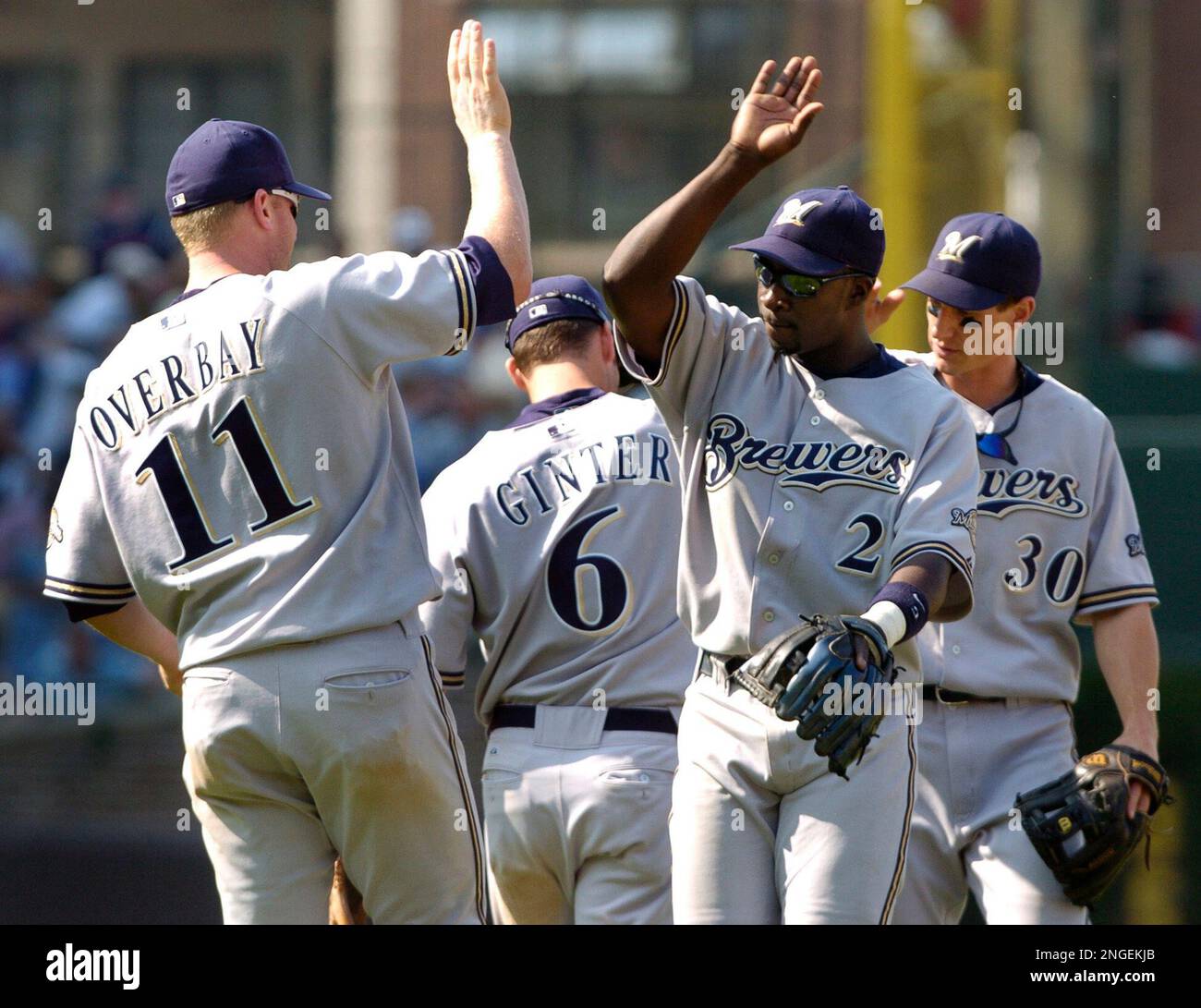 Milwaukee Brewers Lyle Overbay (11), Keith Ginter (6) Bill Hall (2) and ...
