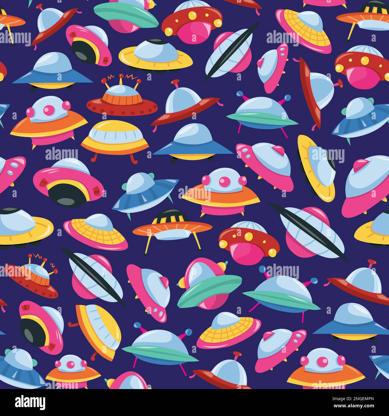 A cartoon vector illustration of various colorful UFOs seamless pattern ...