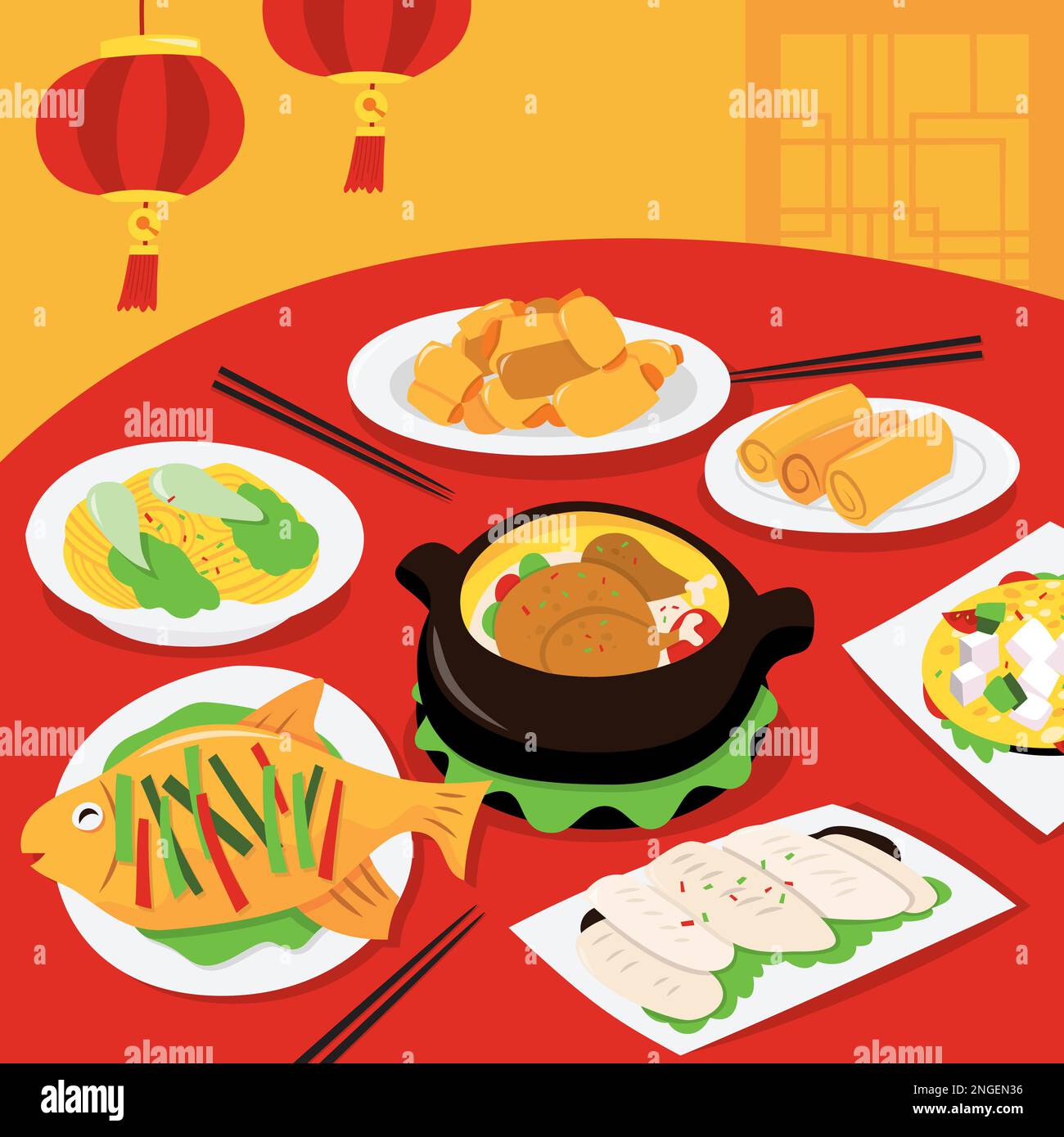 A cartoon vector illustration of lunar new year banquet feast on a red ...