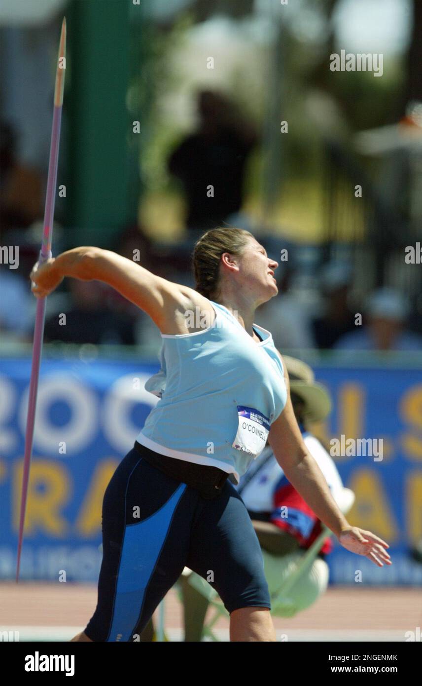 Denise O'Connell throws the javelin in the final during the Olympic ...