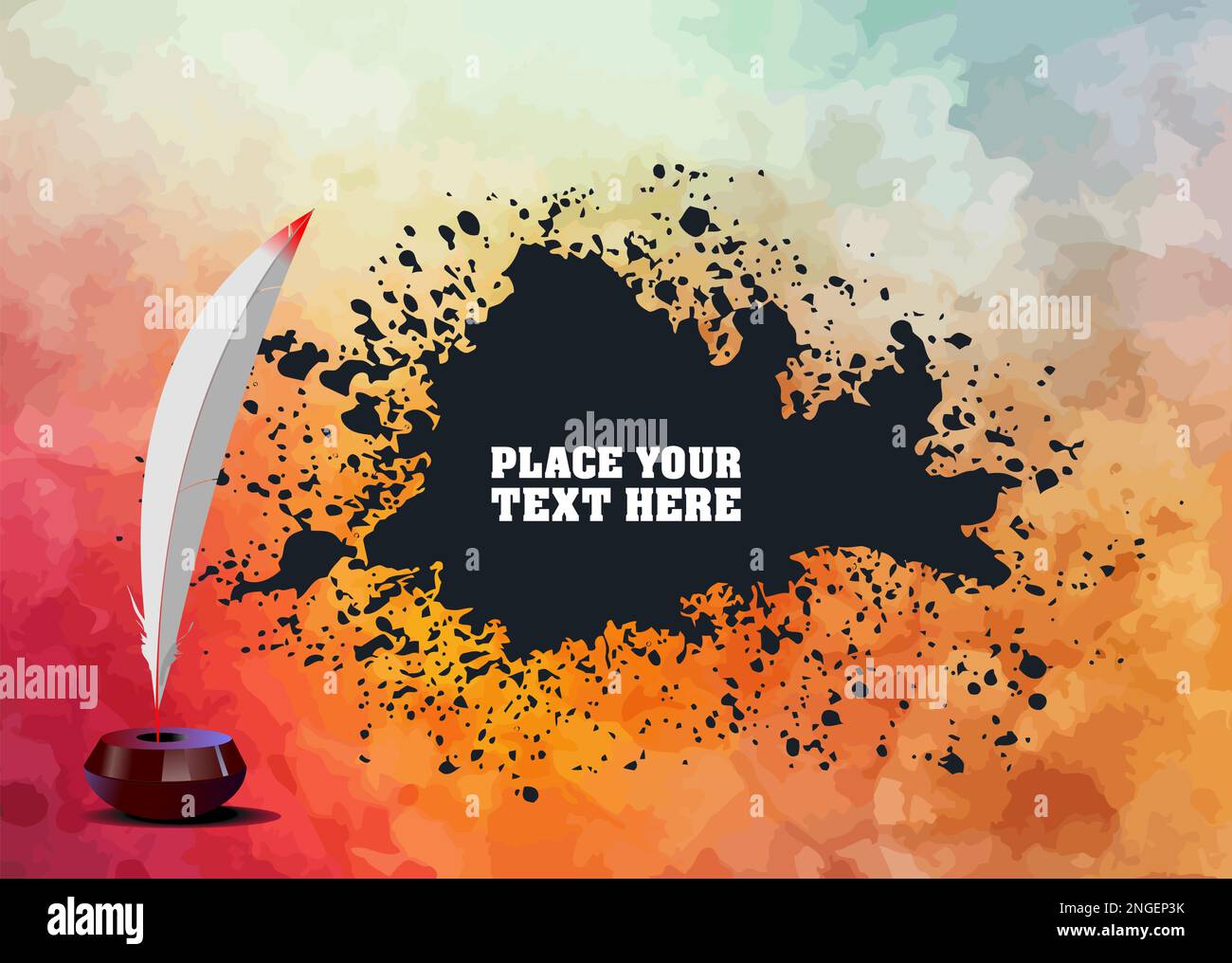 Grunge background with feather and ink pot. 3d color vector ...