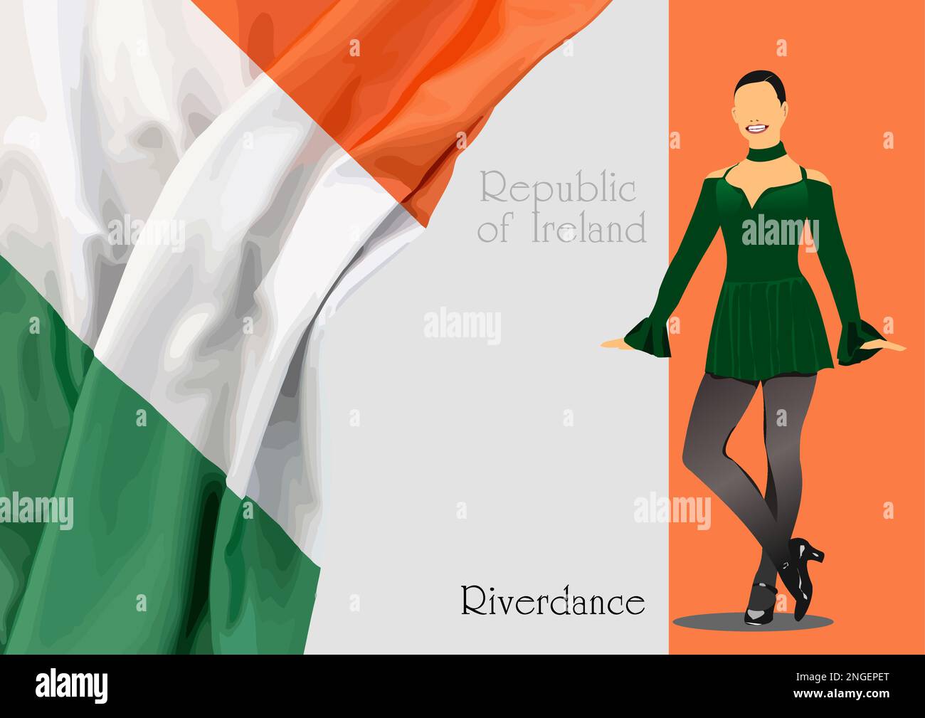 Dancing riverdance woman in green dress on Irish flag background. 3d ...