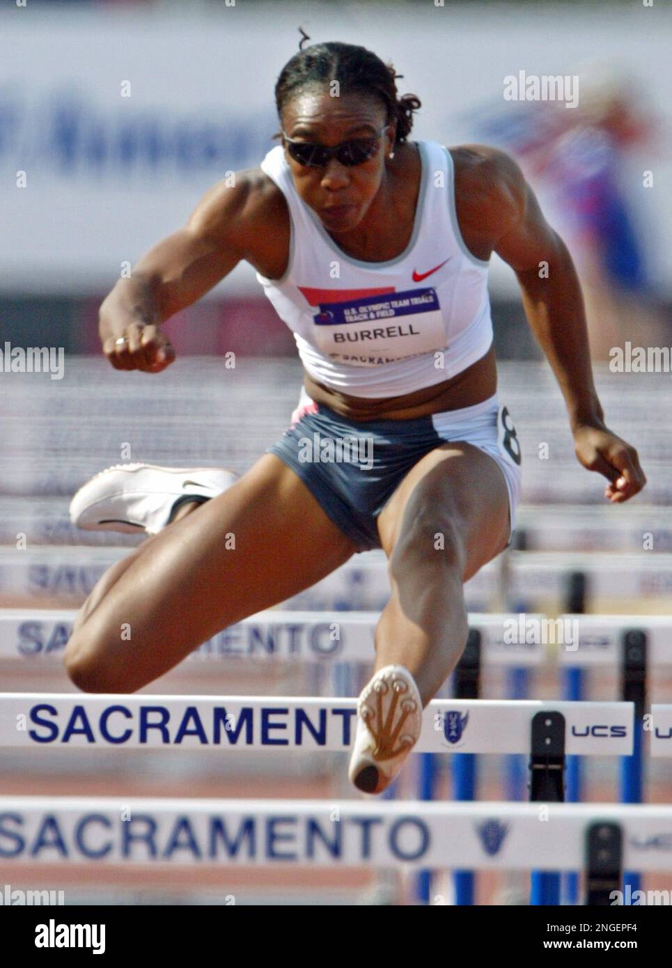 Sheila Burrell competes in the heptathlon 100 meter hurdles during the ...