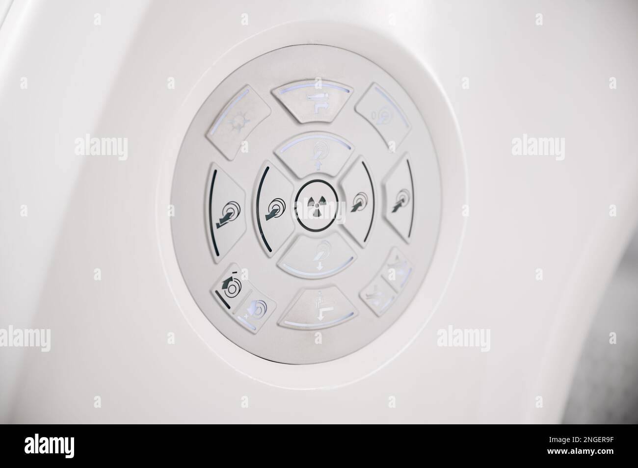 Medical computed tomography or MRI scanner. Close up of control panel ...
