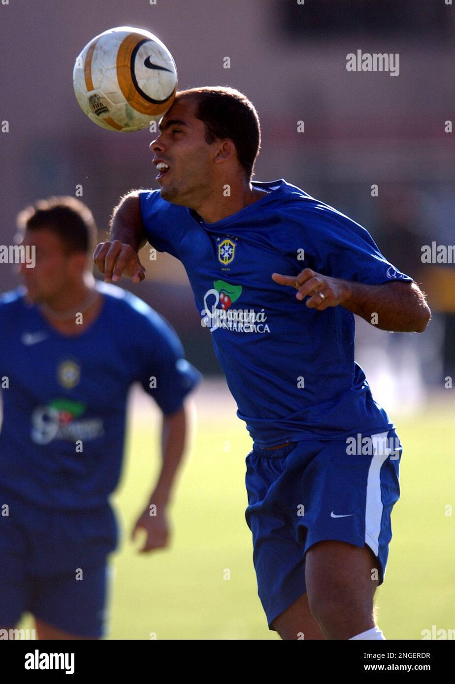 Felipe, of the Brazilian national soccer team, heads the ball during a ...