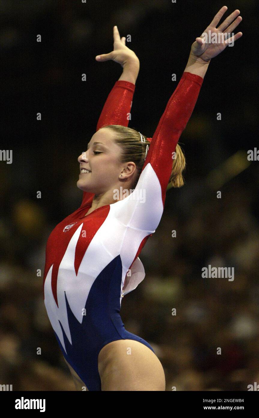 Carly Patterson of Allen, Texas, smiles after competing in the vault ...