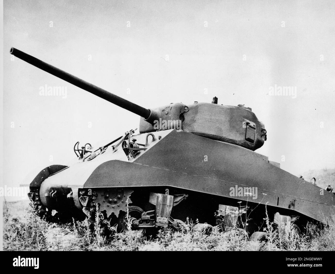 This general view shows a Sherman M4 tank of the U.S. Army, featuring a ...