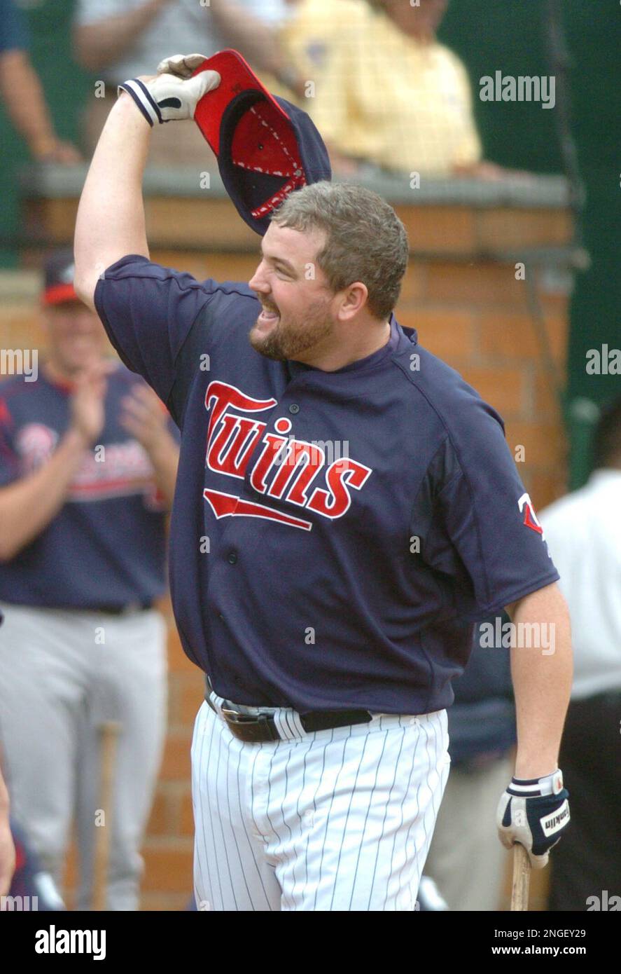 Minnesota Twins catcher Matthew LeCroy celebrates his win in a home run ...