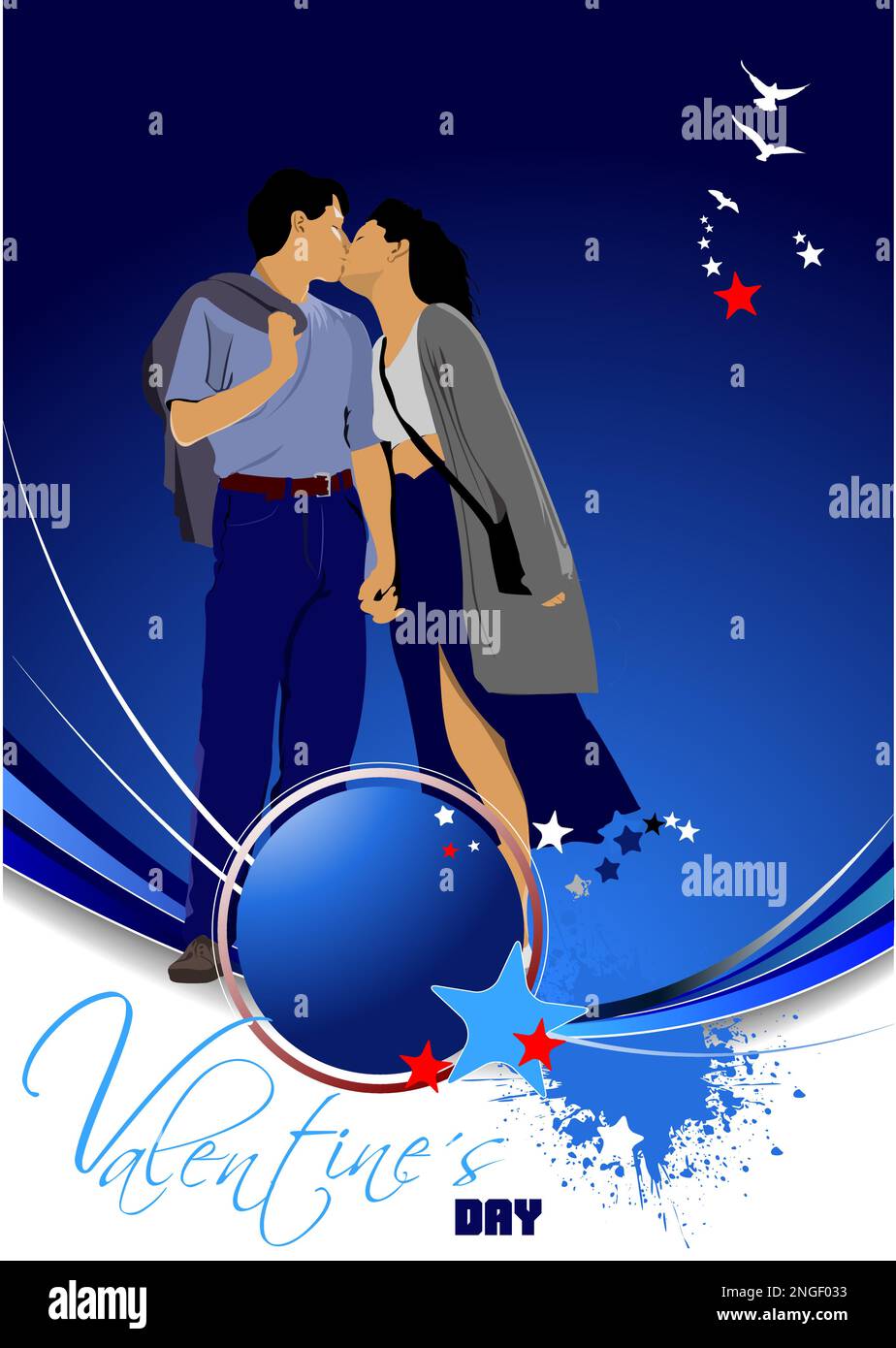 Valentine s day background with and kissing couple. Vector 3d ...