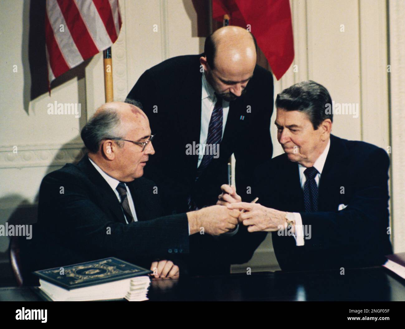 U.S. President Ronald Reagan, right, and Soviet leader Mikhail ...