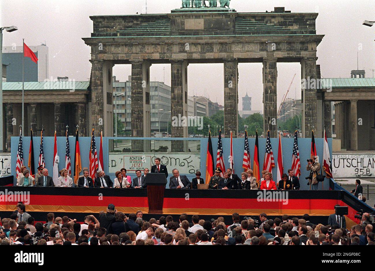 U.S. President Ronald Reagan speaks in front of the Brandenburg Gate in ...