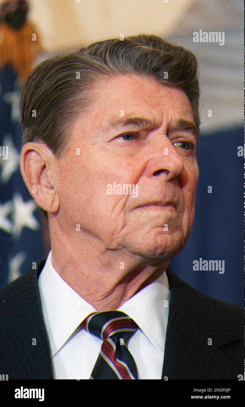 President Ronald Reagan attends the unveiling of the cornerstone of the ...