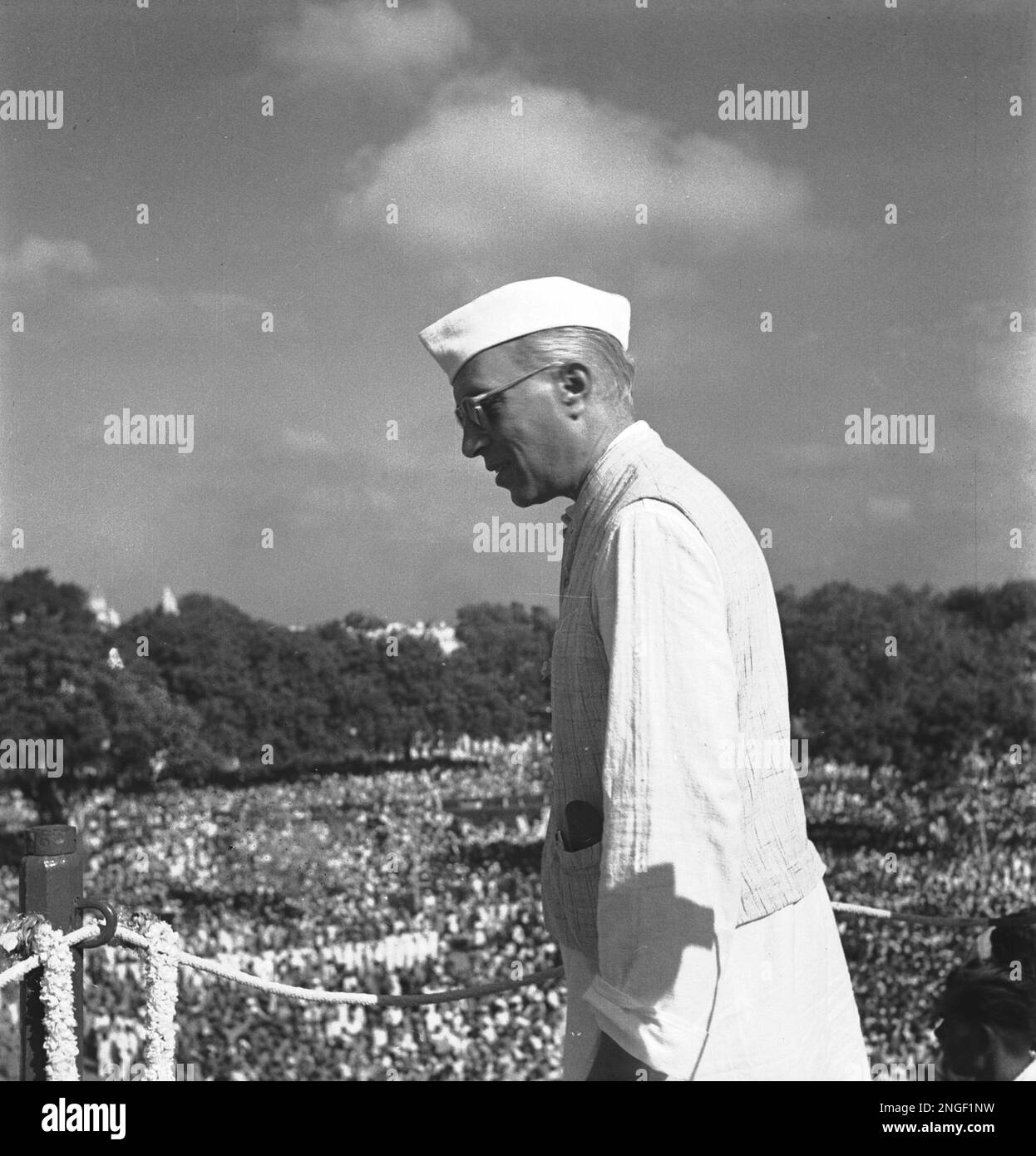 Prime Minister Jawaharlal Nehru looks down on the crowd during India's ...